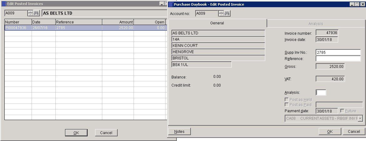 Purchase Ledger - Edit Posted Invoice - Prelude Software Help