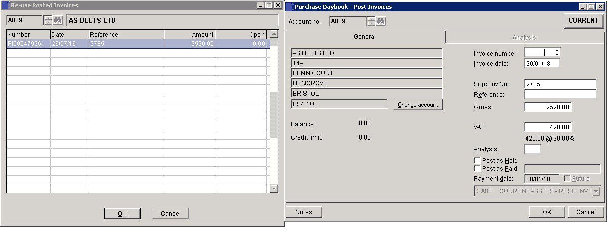 Purchase Ledger - Re-use Posted Invoice - Prelude Software Help
