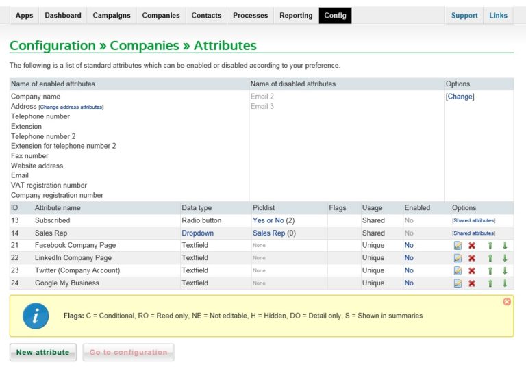 Config - Attributes And Tasks - Companies - Prelude Software Help