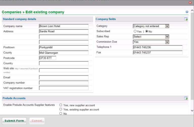 Companies - Edit - Prelude Software Help